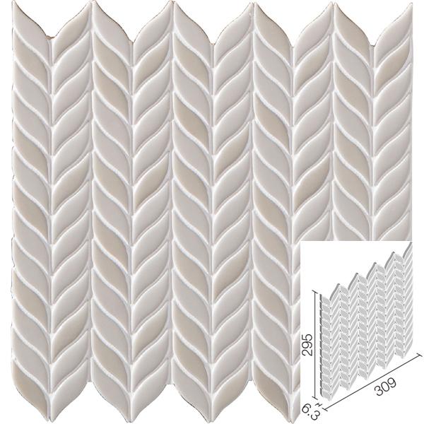 ブライトとラスターのふたつの質感が輝く葉っぱ形状のガラスモザイク形状です。品番：DTL-R/SHL-2目地共寸法：309×295mm厚さ：6.3mmあたり枚数：11.3シート/m2