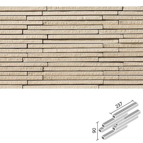 石を積んだ印象に仕上がるタイルです。太陽の下で部分的に光る釉薬と、厚み差で生まれる影のコントラストが絶妙です。
