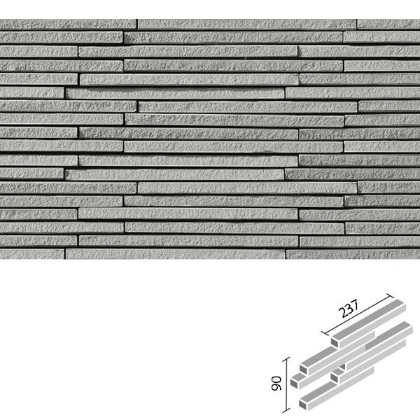 石を積んだ印象に仕上がるタイルです。太陽の下で部分的に光る釉薬と、厚み差で生まれる影のコントラストが絶妙です。