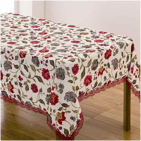 牡丹柄が優雅に食卓を彩ります。周りにレースを施したおしゃれなテーブルクロス・長方形 (サイズ：約 150×240cm)・洗濯：手洗い・品目 / おしゃれ テーブルクロス テーブルリネン 布 ファブリック テーブルセッティング 長方形 新生活...