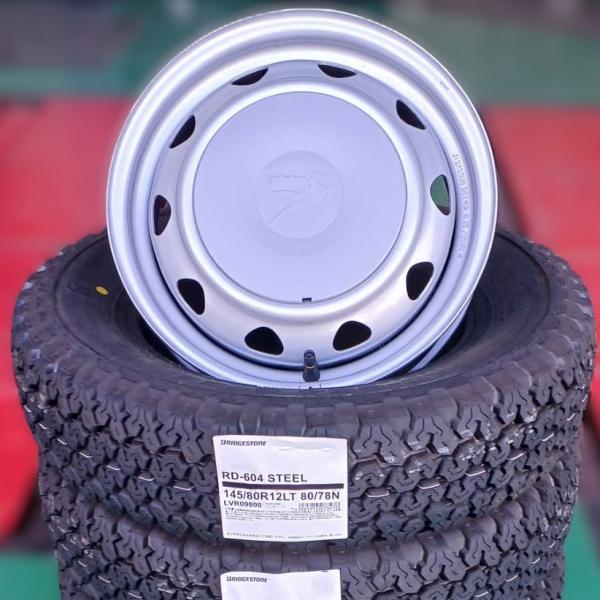 軽トラ・軽バン用　新品サマータイヤ＆新品スチールホイールセット【新品サマータイヤ】ブリヂストン　RD604145/80R12　80/78　（6PR相当）【新品スチールホイール】キャロウィン　　PK-351F3.50Bｘ12　インセット＋34...