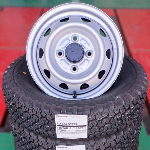 軽トラ・軽バン用　新品サマータイヤ＆新品スチールホイールセット【新品サマータイヤ】ブリヂストン　RD604145/80R12　80/78　（6PR相当）【新品スチールホイール】キャロウィン　　PK-355S3.50Bｘ12　インセット＋45...