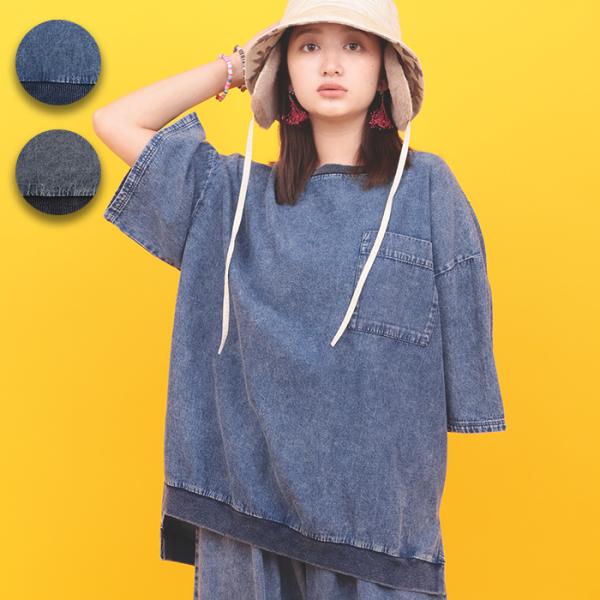 デニム生地を使った、カジュアルなメンズライクTシャツ■デザインゆったりとしたオーバーシルエットで、抜け感のあるメンズライクなスタイルが楽しめるTシャツ。ヴィンテージライクなケミカル加工を施した薄手のデニム生地が、こなれ感をプラスします。首元...