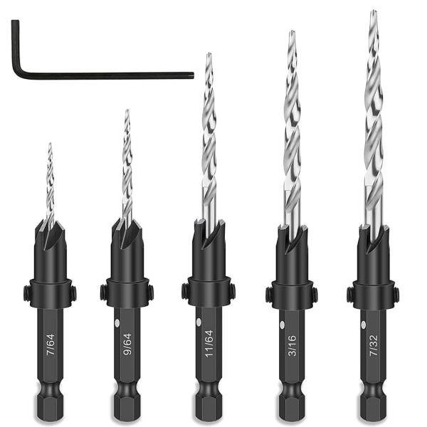 【商品説明】　・5本セット 木工ドリルビット、軸径:6.35mm六角軸 、サイズ： 7/64、9/64、11/64、3/16、7/32。皿穴ドリルビット5本セットは、レンチで固定するので、面取り作業はスムーズに、精確に、バリなしにできます。...