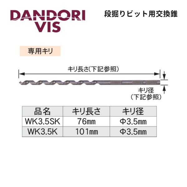 [メーカー] ダンドリビス(株)[商品名] 段堀りビット用の交換用錐[販売単位] 1袋10個入 [品番　形状（品名）]  K-WK35SK-JX 錐径Φ3.5mm 錐長さ76mm（WK3.5SK） K-WK35KX-JX 錐径Φ3.5mm ...