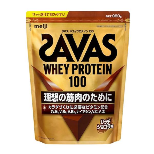 【商品名】ザバス　ホエイプロテイン100 リッチショコラ風味　980g【アレルギー項目】乳製品、大豆【商品説明】◯たんぱく原料として、吸収の良い「ホエイプロテイン」を100％使用したリッチショコラ味の粉末プロテイン。　◯トレーニング直後など...