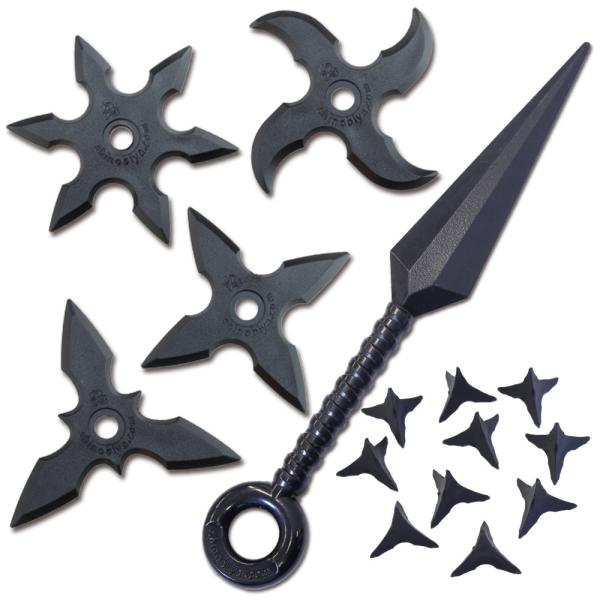 ■ 商品名　ゴム手裏剣・ゴム苦無6点セット■ 材　質　軟質樹脂製 ※まきびしのみ硬質樹脂製■ 内　容　三光・四方・六方・卍各1枚　ゴム苦無×1個　ゴムまきびし×10個■ サイズ　ゴム手裏剣：約直径9cm　ゴム苦無：約23.5cm　ゴムまきび...