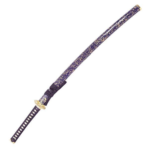 しのびや特製刀剣証明書・クリーニングクロス付き！「名物石田切込正宗」の刃文を模した一振りです。石田三成のイメージカラーの紫の拵えでまとめました。■ 仕様刀身：亜鉛合金（クロムメッキ仕上げ）　樋入刀身 刃文：石田正宗写し柄：樹脂製白鮫　柄糸：...