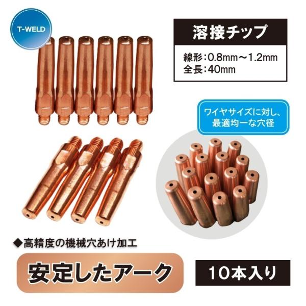 ＜線形自由選択！＞ CO2 溶接 チップ 長さ 40mm 線形（ 0.8mm 0.9mm 1.0mm 1.2mm 1.4mm ）10本● 入数：10本● 全長：40mm （ダイヘンの場合は、黒トーチ用になります）● 適用ワイヤ：ソリッド軟鋼...
