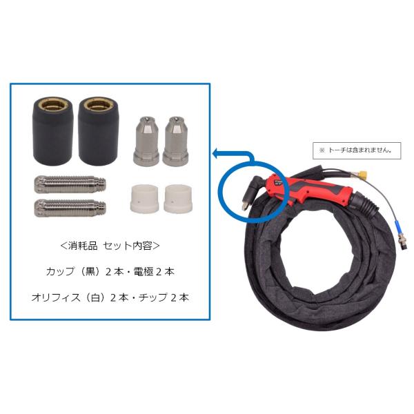 プラズマトーチ SG-51 適合 ×8m 用 中国式CUT40プラズマ（弊社 CUT45 用）部品セット＜セット内容＞ カップ（黒）2本、 オリフィス（白）2本、電極2本、 チップ2本