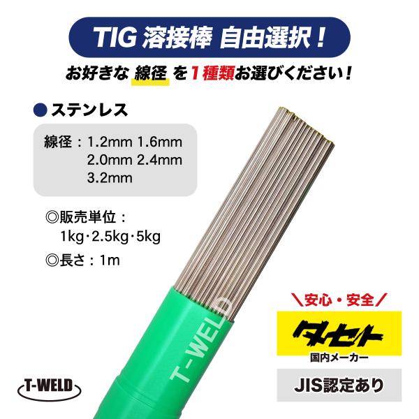 線径自由選択 JIS認定 タセト TIG ステンレス 溶接棒 TG308 5kg ■長さ：1m■お好きな線径を下記から1種類お選びください。1.2mm/1.6mm/2.0mm/2.4mm/3.2mm■入数：5kg■国内メーカー：タセト■JI...