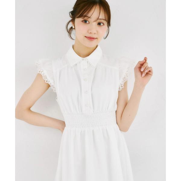 【NO】186-204056【Item】きちんと感のあるシャツデザインに清楚な華やかさをプラスした好感度ワンピース。襟部分に小さなフラワーラインレース、袖部分にリボン×フラワーラインレースを施し、上品な可愛らしさを添えました♪前立てにはエレ...