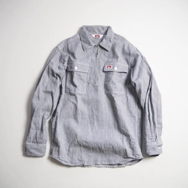 BEN DAVIS / ベンデイビスのワークシャツ「LONG SLEEVE 100% COTTON 1/2 ZIP SHIRT」。コットン100%のヘヴィウェイトヒッコリーストライプ生地。（ラングラーのデニムシャツよりもう少し厚手）ワークウ...
