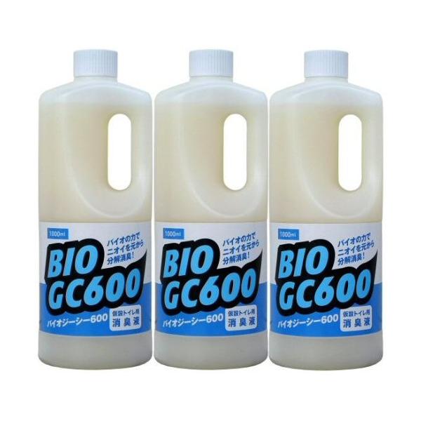 【商品名】仮設トイレ専用消臭液 GC600【内容量】1000ml×3本【有効成分】多重菌バイオ培養液・有酸素消臭剤・非イオン系界面活性剤・香料【液性】中性　ナチュラルブーケの香り【効能】仮設トイレから発生する臭いの低減【問い合わせ先】株式会...