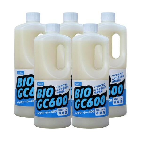 【商品名】仮設トイレ専用消臭液 GC600【内容量】1000ml×5本【有効成分】多重菌バイオ培養液・有酸素消臭剤・非イオン系界面活性剤・香料【液性】中性　ナチュラルブーケの香り【効能】仮設トイレから発生する臭いの低減【問い合わせ先】株式会...