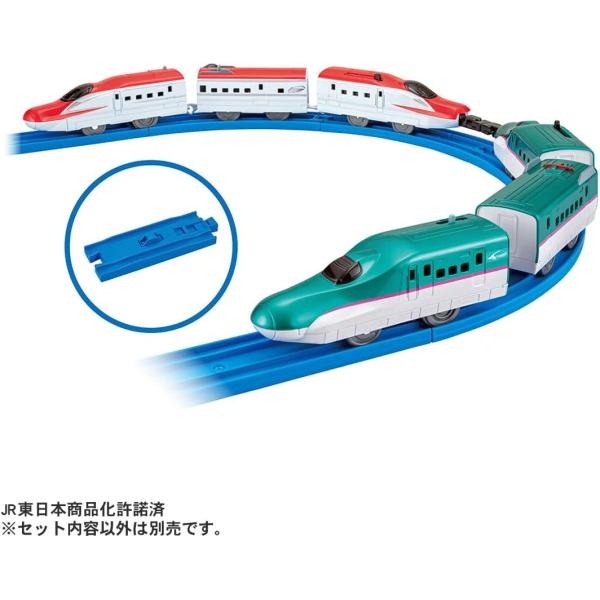 レール通過でガチャッと連結！Ｅ５系新幹線とＥ６系新幹線のセットが登場！ 付属のトリガーレールを通過すると連結器がガチャッと自動で出てくる！■車両は「Ｅ５系新幹線」「Ｅ６系新幹線」がモデル■「Ｅ５系新幹線」「Ｅ６系新幹線」ともにガチャッと連結...