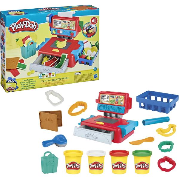 ねんどの野菜や果物をレジでスキャンすると「ピッ」という音がなったり、黄色のボタンを押すと「チーン」という音がなってレジの引きだしが開きます。バーコードスタンパーを使って、ねんどの野菜や果物にバーコードをつけることもできます。 プレイドー粘土...