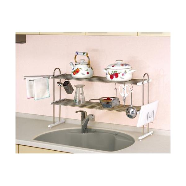 ■組立簡単■置くだけですっきり収納。棚幅は設置場所に合わせて52〜91cmまで伸縮できる■ふきん掛け、まな板受け、角ポケット、フック3本付きなのでキッチン小物の収納に便利■段差がある所や傾く場所に置く場合はアジャスターで水平調整出来る【返品...