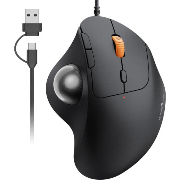 ProtoArc トラックボールマウス 有線 USB-C/USB-A両対応 4段階DPI調節可能 親指操作 マウス トラックボール 静音タイプ 6ボタン 進む/戻るボタン搭載 34mmボール Windows/Mac/Android (ブラッ...