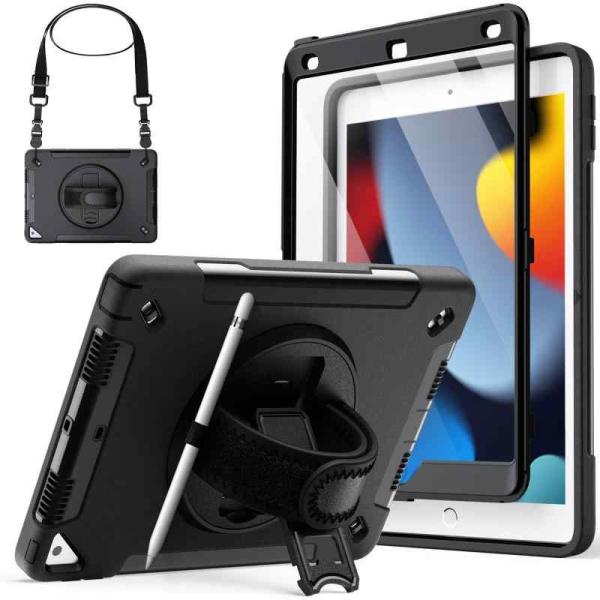 JETech iPad 10.2インチ ケース (第9/8/7世代、2021/2020/2019モデル) 液晶保護フィルム付き 保護耐衝撃頑丈なタブレットカバー 360°回転ハンドストラップスタンド (ブラック)[互換性] iPad 10....