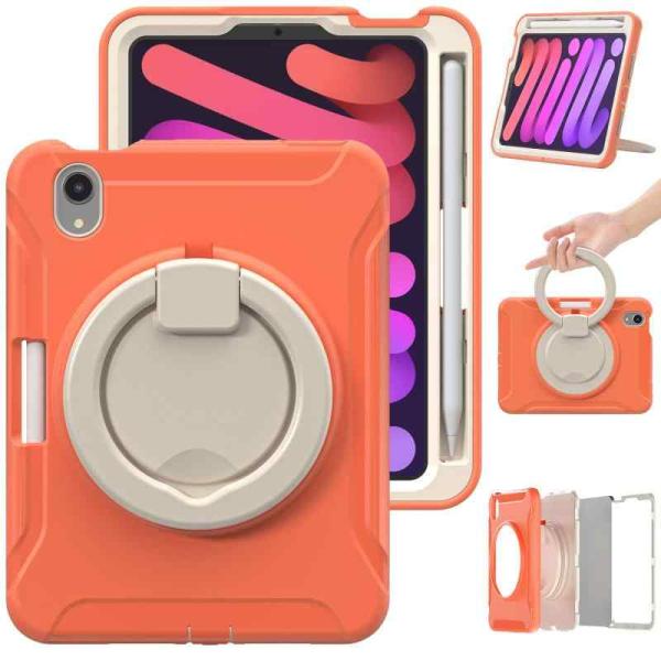 iPad 用 ケース, iPad 用 Mini A17 Pro 第7世代 2024 / Mini 第6世代 2021 8.3インチ カバー リング付き 衝撃吸収 軽い 頑丈 360度回転 多方向 スタンド 持ち手付き ハンドル付 mini7...