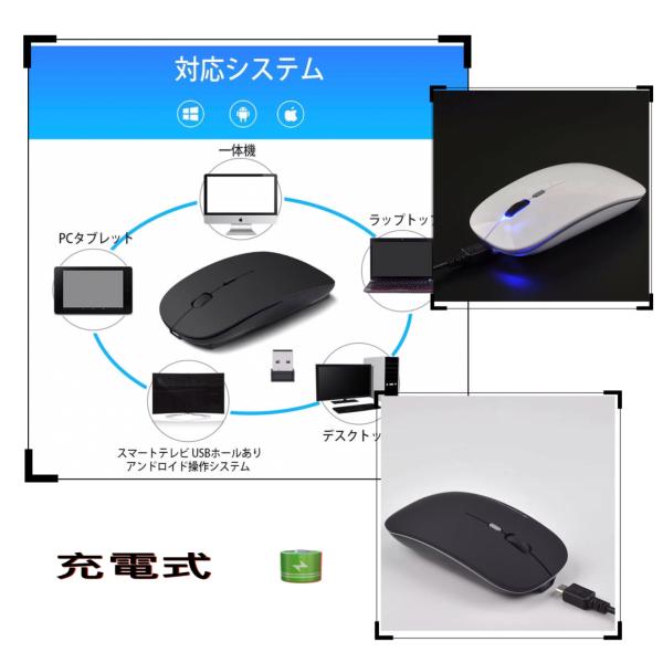 簡単操作　ドライバーインストル不要、付属の接続端子をパソコンのUSB接続口に差し込みことで接続完了、USBインタフェースを備えたほとんどのデバイス（ノートPC、MAC、デスクトップPC）に使用可能。エコに優しい充電式マウス2.4GHzワイヤ...