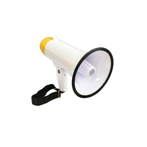 ● 単2形乾電池x4本で使えるハンディメガホンです。（乾電池別売）● 有効距離は約100m。電池寿命は約6時間。● 警報アラーム機能付き。