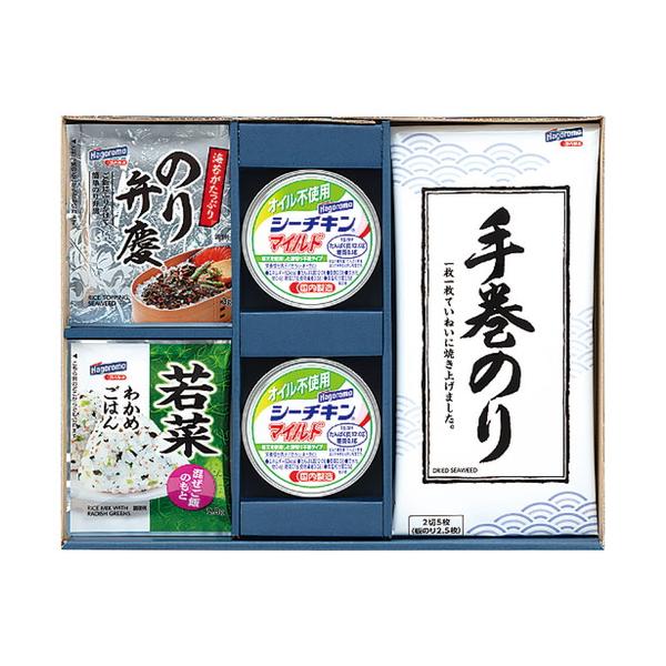 和の食卓を彩るバラエティ豊かな詰合せ。■のり弁慶ふりかけ(3g×3袋)・わかめ混ぜご飯若菜(2.8g×3袋)・手巻のり(2切5枚1袋)・オイル不使用シーチキンマイルド70g×2缶■箱サイズ:29.4×4.3×23.7cm【用途】引出物 結婚...