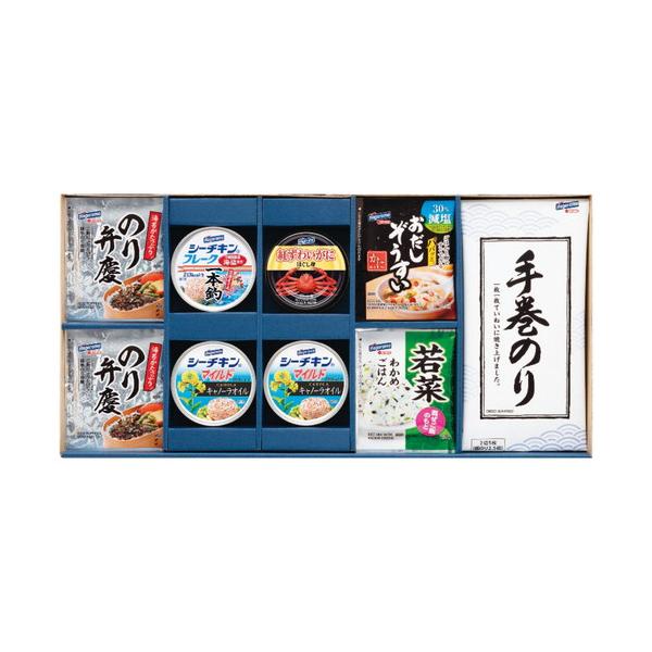 和の食卓を彩るバラエティ豊かな詰合せ。■のり弁慶ふりかけ(3g×6袋)・減塩おだしぞうすいかに(6.5g×3袋)・わかめ混ぜご飯若菜(2.8g×3袋)・手巻きのり(2切5枚1袋)・シーチキンフレーク一本釣1缶・シーチキンマイルドキャノーラ2...