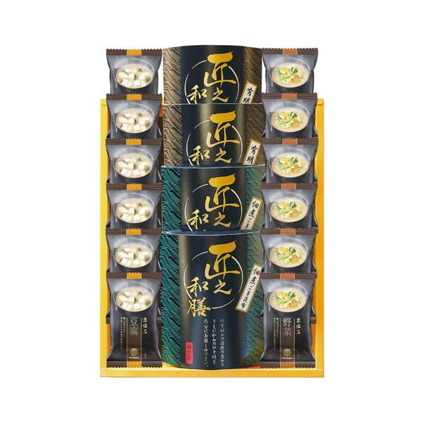 鰹、昆布のおだしと熟成されたお味噌の風味仕立てのフリーズドライと有明のり・佃煮の詰合せです。■マルコメ京懐石お味噌汁フリーズドライ(豆腐・野菜各6袋)・有明のり(12切5枚6袋)・佃煮(ごま昆布)40g各2個■箱サイズ:29×6×37cm【...