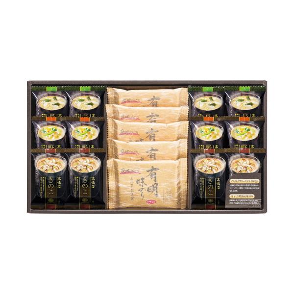 お湯を注ぐだけで本格的な味わいのマルコメフリーズドライ味噌汁と、白子有明海産味のり詰合せです。■マルコメ京懐石(野菜・きのこ・長ねぎ各4個)・白子有明味のり(8切8枚)5個■箱サイズ:47.2×5.9×26.3cm【用途】引出物 結婚祝 出...