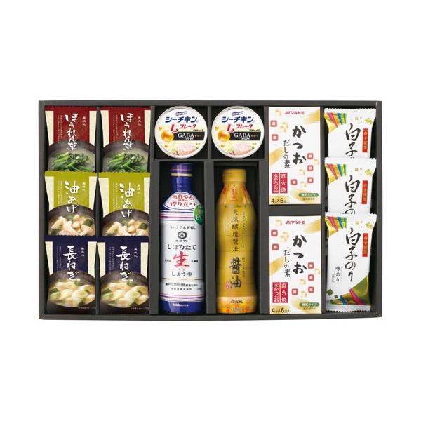 お湯を注ぐだけでできる本格的なお味噌汁に、和の食材、調味料をセット。■フリーズドライ味噌汁(油あげ7.2g・ほうれん草6.2g・長ねぎ6.3g)・マルトモかつおだしの素(4g×6個)各2個・キッコーマンいつでも新鮮しぼりたて生しょうゆ・伊賀...