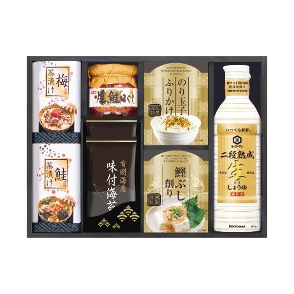 調理でひときわ香りが花開く、旨味を重ねた「二段熟成」生しょうゆなどの詰合せ。■有明海産味付海苔(8切8枚)2袋・ニッスイ焼鮭ほぐし50g×1瓶・梅茶漬け(4.3g×2袋)・鮭茶漬け(4.7g×2袋)・のり玉子ふりかけ(4.5g×2袋)・かつ...