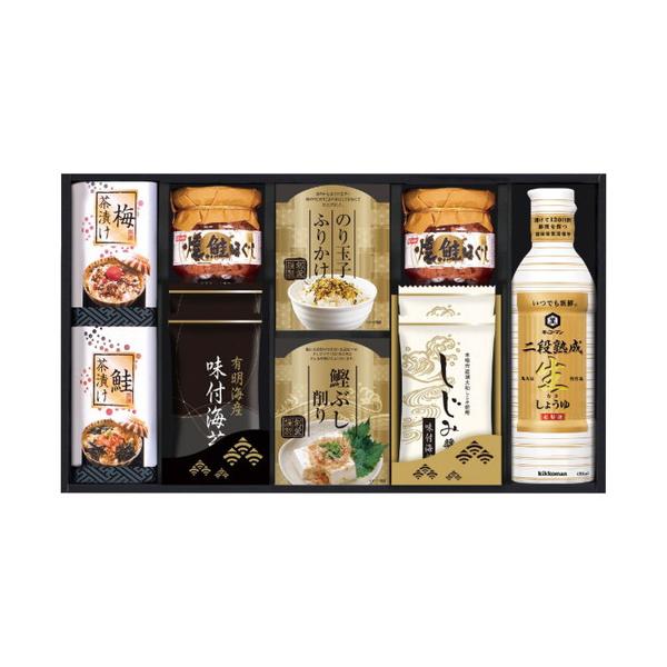 調理でひときわ香りが花開く、旨味を重ねた「二段熟成」生しょうゆなどの詰合せ。■有明海産味付海苔(8切8枚)・しじみ醤油味付海苔(8切8枚)各2袋・ニッスイ焼鮭ほぐし50g×2瓶・梅茶漬け(4.3g×2袋)・鮭茶漬け(4.7g×2袋)・のり玉...