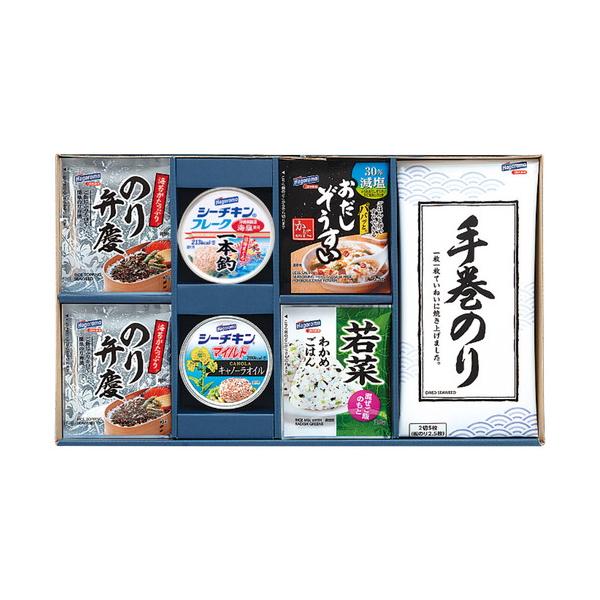 和の食卓を彩るバラエティ豊かな詰合せ。■のり弁慶ふりかけ(3g×6袋)・減塩おだしぞうすいかに(6.5g×3袋)・わかめ混ぜご飯若菜(2.8g×3袋)・手巻のり(2切5枚1袋)・シーチキンフレーク一本釣・シーチキンマイルドキャノーラ各1缶・...
