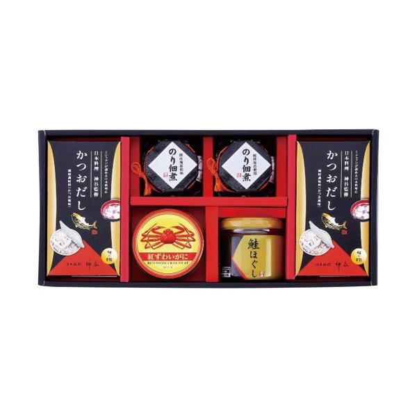 ミシュランが認める日本料理店「神谷」監修のだしの味を家庭でもお楽しみください。■かつおだし(4g×8袋)2個・鮭ほぐし50g×1瓶・のり佃煮80g×2瓶・紅ずわいがにほぐし身55g×1缶■箱サイズ:34×7.5×16.5cm【用途】引出物 ...