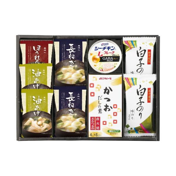 お湯を注ぐだけでできる本格的なお味噌汁に、和の食材をセット。■フリーズドライ味噌汁(油あげ7.2g・長ねぎ6.3g各2個・ほうれん草6.2g×1個)・マルトモかつおだしの素(4g×6個)1個・白子のり味のり(8切5枚)2個・シーチキンLフレ...
