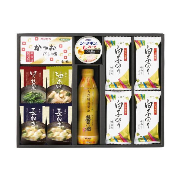 お湯を注ぐだけでできる本格的なお味噌汁に、和の食材、調味料をセット。■フリーズドライ味噌汁(油あげ7.2g・ほうれん草6.2g各1個・長ねぎ6.3g×2個)・伊賀越天然醸造醤油450ml×1本・白子のり味のり(8切5枚)4個・シーチキンLフ...