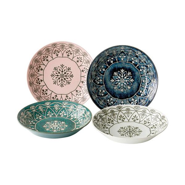 モロッコ調のデザインは食卓を華やかにします。■直径20.5cm高さ4cmパスタプレート4枚・磁器■箱サイズ:22×9×22cm【用途】引出物 結婚祝 出産祝 仏事 快気 新築 記念 贈答 お返し お祝い 香典返し 法事 法要 引越し 新築祝...