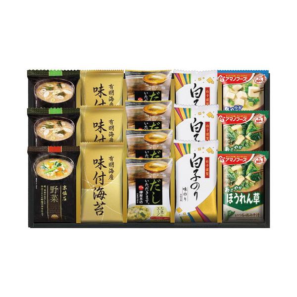 お湯を注ぐだけで簡単&amp;美味しいフリーズドライお味噌汁に卵スープ、味のり等をバラエティ豊かに詰合せました。■たまごスープ5.4g×4袋・有明海産味付海苔(8切4枚)・白子味のり(8切5枚)各3袋・マルコメ京懐石おみそ汁(長ねぎ15.7...