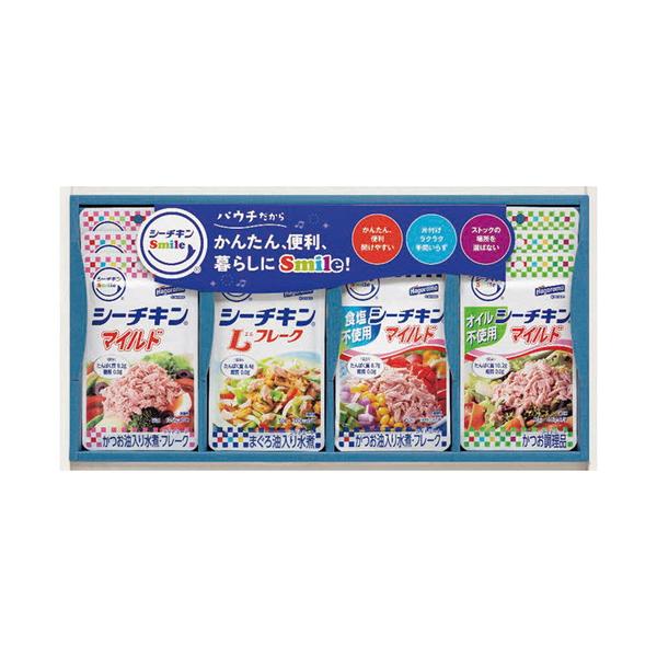 便利で使いやすいパウチ(袋タイプ)のシーチキンSmileの詰合せギフトです。■シーチキンSmile(マイルド・オイル不使用マイルド各3個・Lフレーク・食塩不使用マイルド各2個・各50g)■箱サイズ:42.2×4.6×21.7cm【用途】引出...