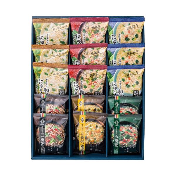 「養命酒製造の養生思想」に基づいて作ったにゅうめんとお粥のセット。■和養生にゅうめん(鶏とゆばの柚子塩26.5g・鴨南蛮28.7g・豆乳担々28.5g各3袋)・五養粥(中華風醤油味19.2g・かぼちゃ入り和風味19.9g・ほうれん草&amp...