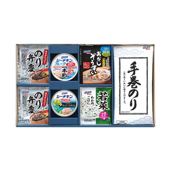 和の食卓を彩るバラエティ豊かな詰合せ。■のり弁慶ふりかけ(3g×6袋)・減塩おだしぞうすいかに(6.5g×3袋)・わかめ混ぜご飯若菜(2.8g×3袋)・手巻のり(2切5枚1袋)・シーチキンフレーク一本釣・シーチキンマイルドキャノーラ各1缶・...