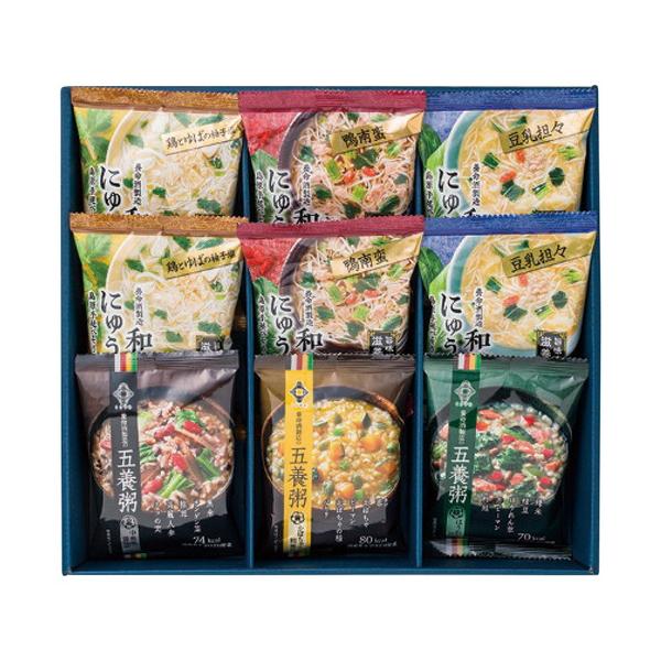 「養命酒製造の養生思想」に基づいて作ったにゅうめんとお粥のセット。■和養生にゅうめん(鶏とゆばの柚子塩26.5g・鴨南蛮28.7g・豆乳担々28.5g各2袋)・五養粥(中華風醤油味19.2g・かぼちゃ入り和風味19.9g・ほうれん草&amp...