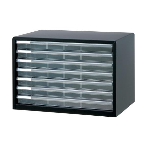 ●仕様：浅7段 A3ヨコ型●浅引出し内寸：W453×D311×H36mm●材質：本体/スチール粉体焼付塗装引出し/透明スチロール樹脂引出し段板/ポリプロピレン●付属品：カラー分類タイトルシール付●本体寸法：W494×D335×H346mm●...