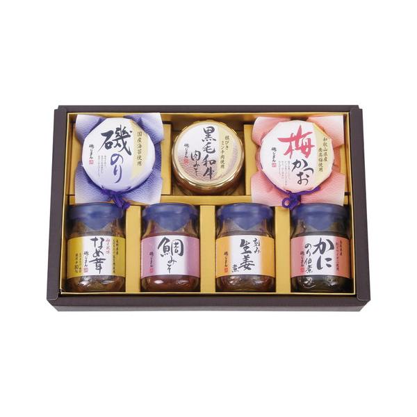 四季折々の海の幸、山の幸を風味豊かな佃煮にしました。素材の良さを大切に、丹精込めたびん詰の詰合せです。真心こめた贈り物にどうぞ。■磯のり(90g)・黒毛和牛肉みそ(90g)・梅かつお(90g)・柚子風味なめ茸(85g)・鯛みそ(100g)・...