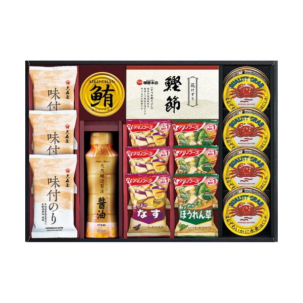 食べきりタイプの個包装が便利な大森屋の味付のり、お湯を注ぐだけで簡単に作り立てのおいしさが味わえるアマノフーズのフリーズドライおみそ汁など食卓にあると嬉しいギフトセットです。■アマノフーズいつものおみそ汁(なす・ほうれん草)・大森屋味付のり...