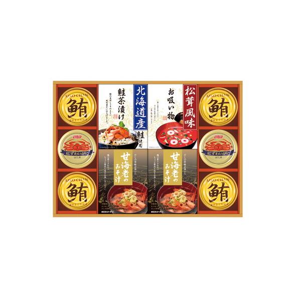 北海道産鮭のお茶漬けと濃厚な旨みの海老味噌汁などの詰め合わせです。■甘海老みそ汁(7.5g×3)・紅ずわいがにほぐし身55g×各2、鮪油漬フレーク70g×4、北海道産鮭茶漬け(4g×3)・永谷園松茸風味お吸い物(2.3g×4)×各1■箱サイ...