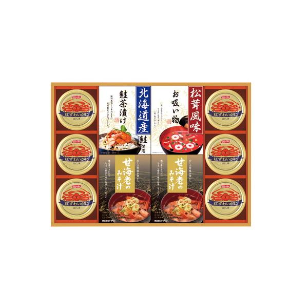北海道産鮭のお茶漬けと濃厚な旨みの海老味噌汁などの詰め合わせです。■甘海老みそ汁(7.5g×3)×2、紅ずわいがにほぐし身55g×6、北海道産鮭茶漬け(4g×3)・永谷園松茸風味お吸い物(2.3g×4)×各1■箱サイズ:29.6×41×4c...