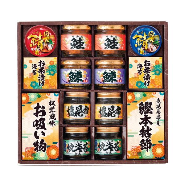 和食ならではの繊細な味を詰合せた食卓にあると嬉しいギフトセットです。突然の来客にも重宝します。■焼きのり入佃煮85g・永谷園お茶づけ海苔(4.7g×2)・塩昆布18g・鮭フレーク40g・にしんフレーク50g×各2、鰹本枯節(2.5g×3)・...